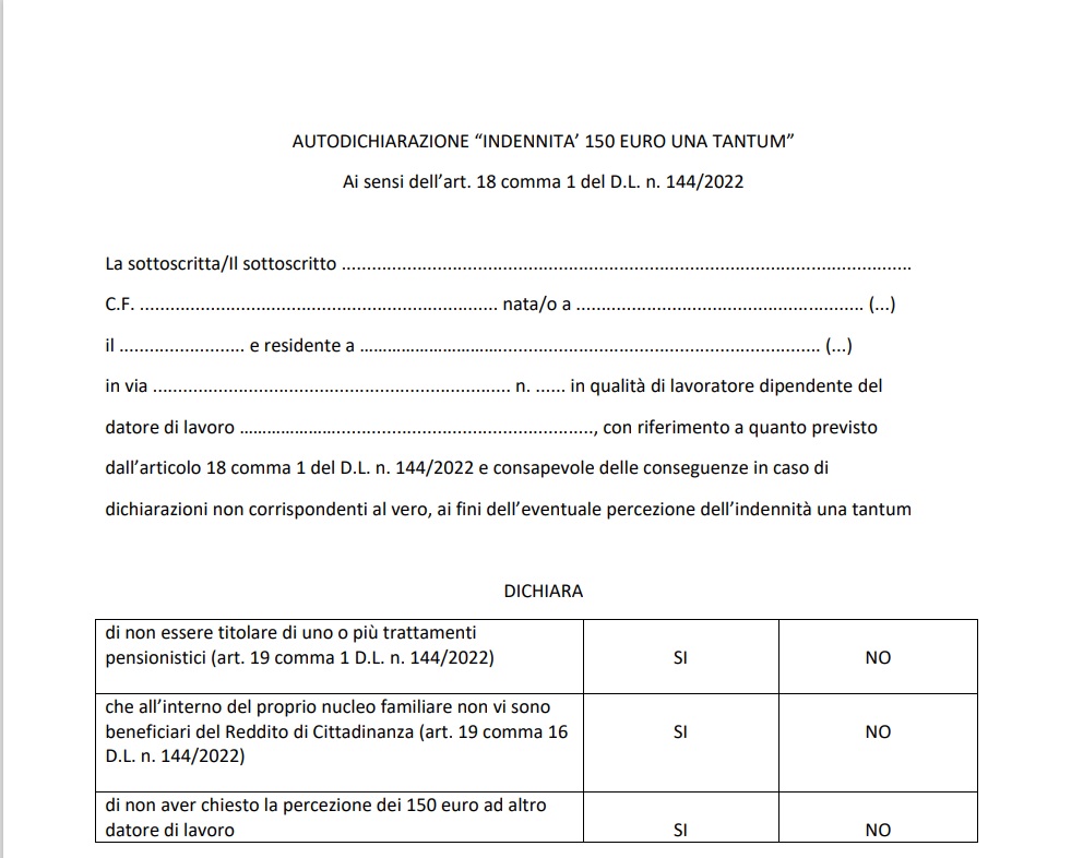 Autodichiarazione bonus 150 euro: Fac-simile da scaricare