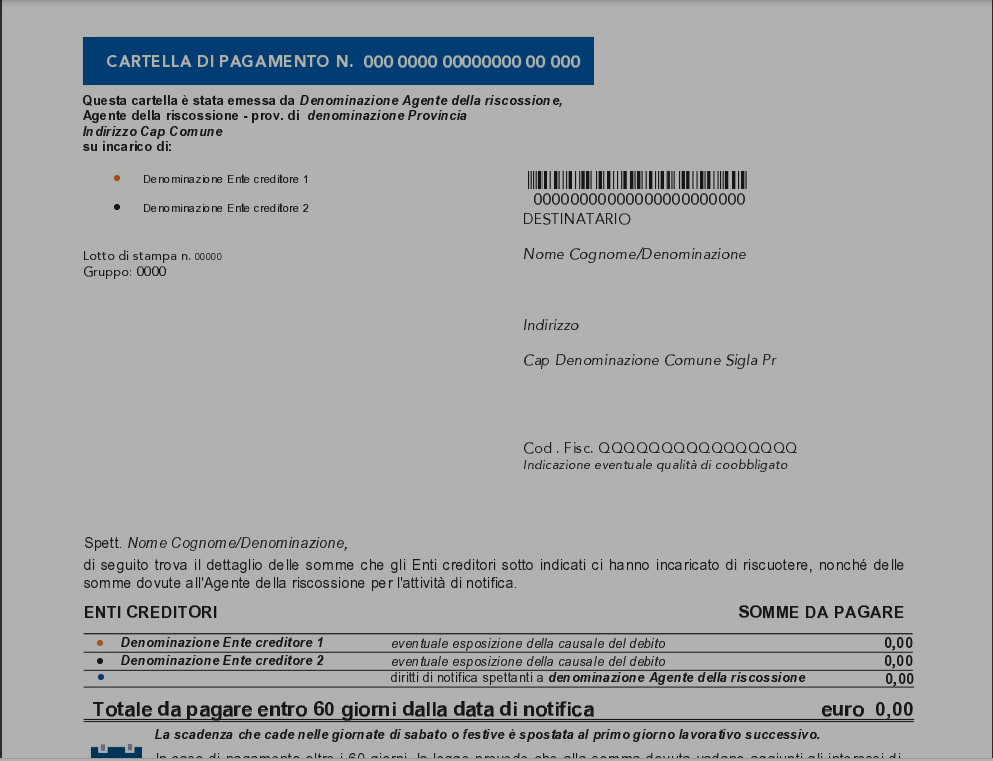 Cartella di pagamento: cos'è, Fac-simile, come leggerla