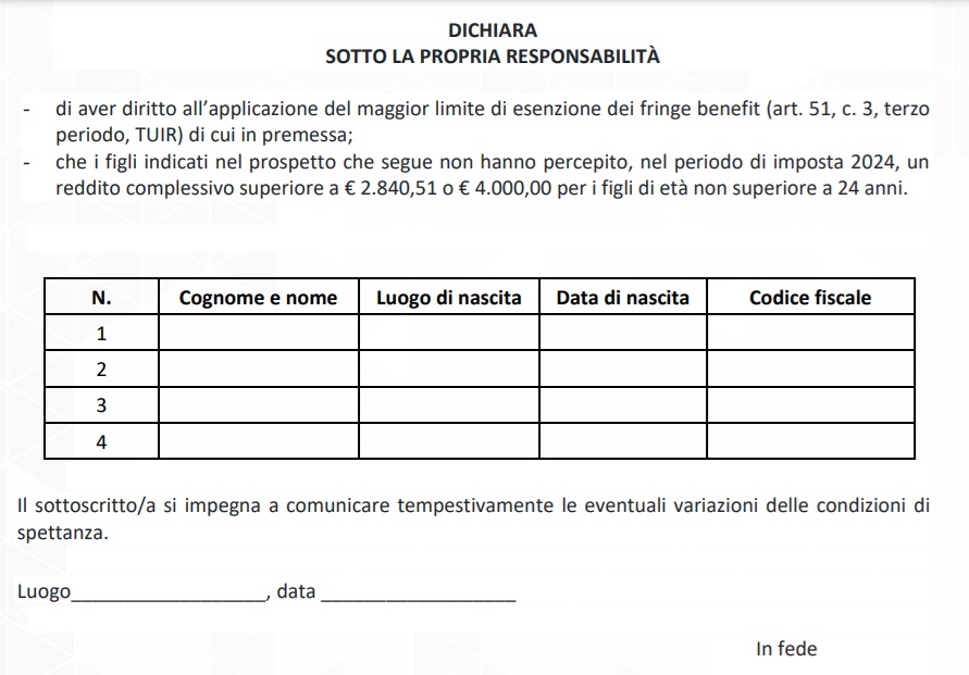 Fringe benefit soglia 2.000 euro: l'autodichiarazione figli a carico